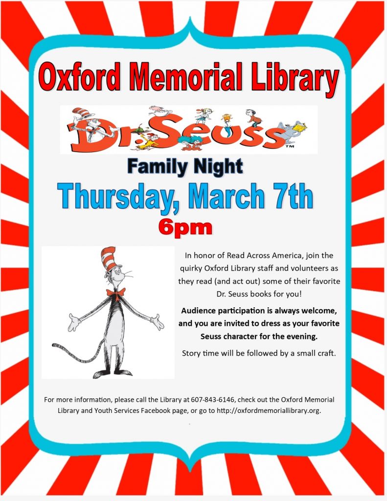 Dr. Seuss Family Night! March 7th – Oxford Memorial Library